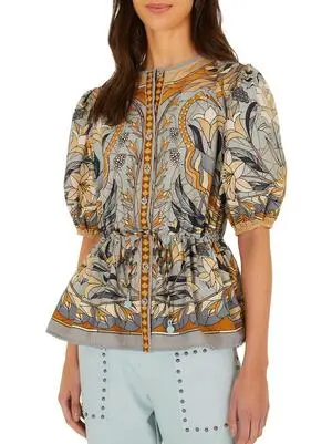 Farm Rio Stained Glass Beauty Half Placket Cotton Top - Blue