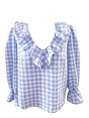 THE WELL WORN The Luna Pop-over Blouse Gingham - Blue