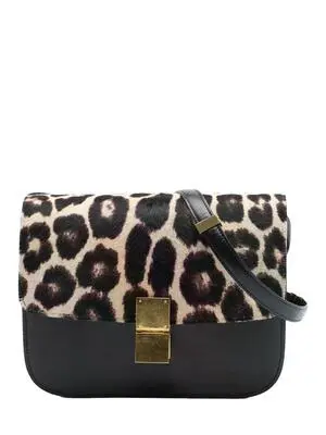 Celine 2012 Medium Calfskin And Leopard Print Pony Hair Classic Box Crossbody Bag Black