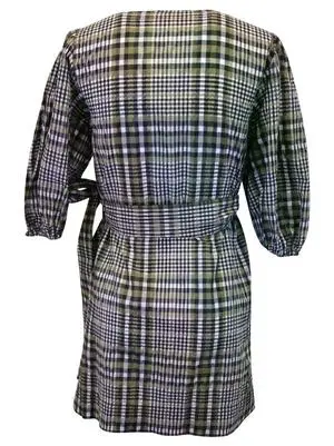 GANNI Plaid Wrap Dress With Puff Sleeves - Brown