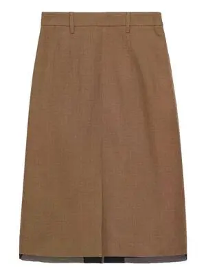 Prada Wool Midi Skirt With Raw-cut Chiffon Hem - Brown