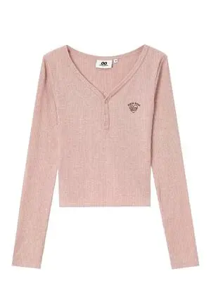 CHOCOOLATE Ribbed Knit Heart Motif Cropped T-Shirt Pink