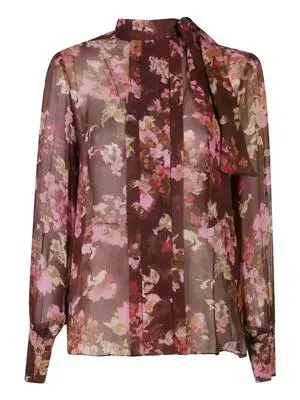 NISSA Floral Print Pussy-bow Blouse - Brown