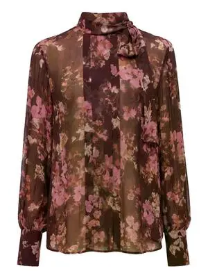 NISSA Floral Print Pussy-bow Blouse - Brown