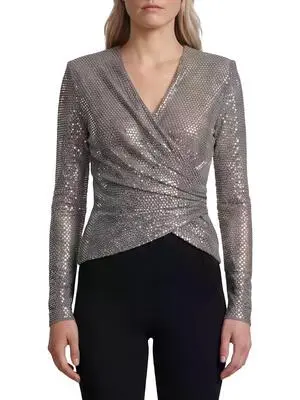 SELF-PORTRAIT Rhinestone Embellished Wrap Top - Silver