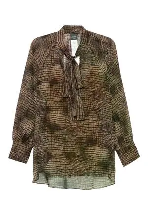 Marina Rinaldi Crocodile-effect Pussy-bow Blouse - Brown