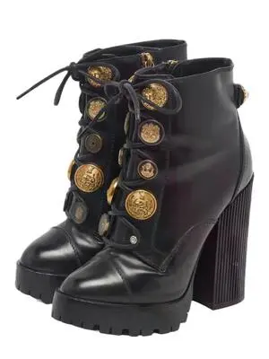 DOLCE & GABBANA Dolce & Gabbana Black Leather DG Logo Button Lace-Up Boots