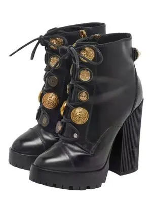 DOLCE & GABBANA Dolce & Gabbana Black Leather DG Logo Button Lace-Up Boots