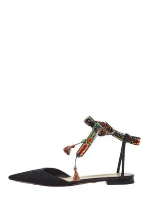 DIOR Christian Dior Black Pointed Toe Flat Sandals With Tassel Embellishments
