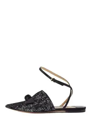 JIMMY CHOO Jimmy Choo Black Glitter Bow Detail Flat Mules