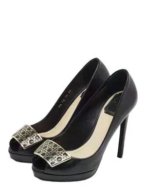 DIOR Christian Dior Black Cannage Plaque Open Toe Stiletto Pumps