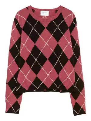 BEYOU Argyle Pattern Crew Neck Sweater - Pink