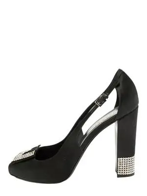 VALENTINO Valentino Garavani Black Satin Crystal Embellished Peep Toe Block Heel Pumps