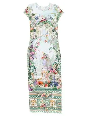 Camilla Floral Print Rhinestone Embellished Midi Dress - Blue