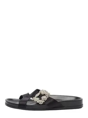 Manolo Blahnik Manolo Blahnik Crystal-Buckle Satin Slides Black