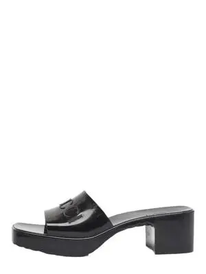 GUCCI Gucci Black Rubber Embossed Logo Block Heel Sandals