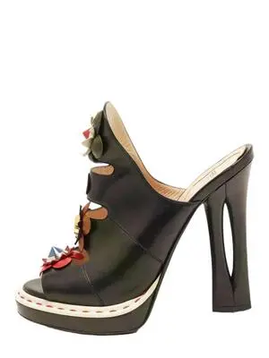 FENDI Fendi Black Leather Floral Appliqué Sculptural High Heel Platform Sandals