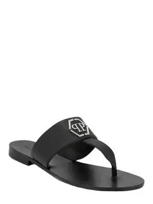 Philipp Plein Leather Flat Sandals With Hexagon Logo Plaque - Black