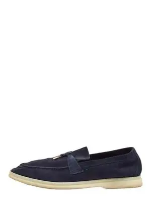 Loro Piana Loro Piana Navy Blue Suede Almond Toe Loafers With Gold-Tone Logo Charms Blue