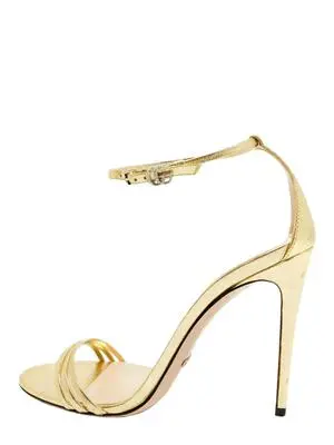 GUCCI Gucci Gold-Tone Leather Crystal-Embellished Double G Buckle Stiletto Sandals