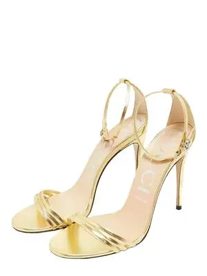 GUCCI Gucci Gold-Tone Leather Crystal-Embellished Double G Buckle Stiletto Sandals