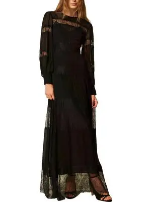 TWINSET Georgette And Lace Maxi Dress With Paneling - Black