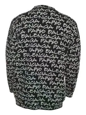 Balenciaga All-over Logo Intarsia Knit Crew Neck Sweater - Black