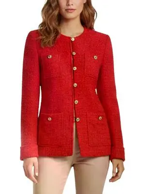 Gucci Textured Tweed Collarless Jacket With Interlocking G Buttons - Red
