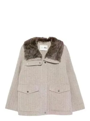 MANZONI 24 Beige Herringbone Weave Jacket With Fur Collar - Neutrals