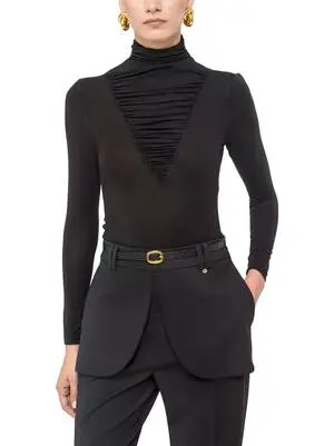 NISSA Lyocell-wool Blend Turtleneck Top With Ruched Detailing - Black
