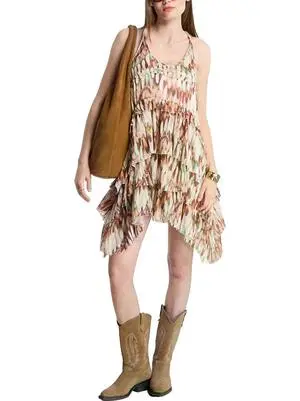 ALLSAINTS Cavalry Ruffled Feather-print Mini Dress Neutrals