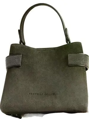 Brunello Cucinelli Essence Small Top-handle Bag In Suede With Precious Bands - Green