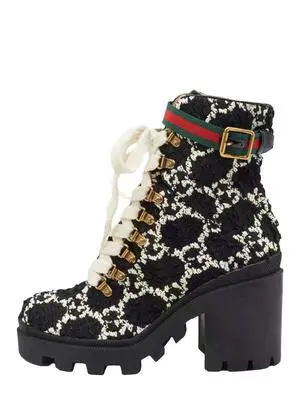 Gucci Gg Logo Tweed Combat Boots - Black