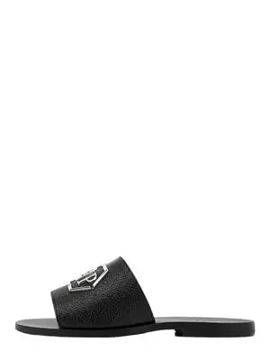 Philipp Plein Big Hexagon Leather Slides - Black