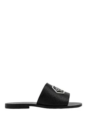 Philipp Plein Big Hexagon Leather Slides - Black