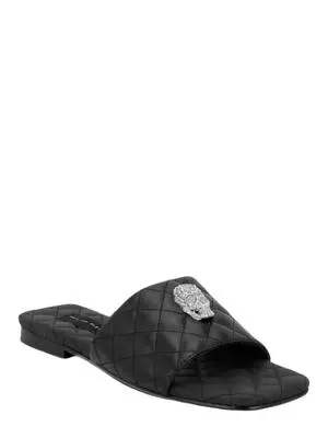 Philipp Plein Nappa Flat Matelassé Sandals Crystal Skull - Black