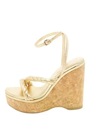 JIMMY CHOO Jimmy Choo Gold-Tone Metallic Wedge Sandals With Twisted Straps And Buckle Fastening