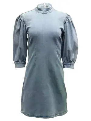 GANNI Puff Sleeve Mock Neck Mini Dress - Blue