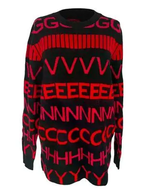 Givenchy Red Intarsia Knit Logo Crew Neck Sweater - Black