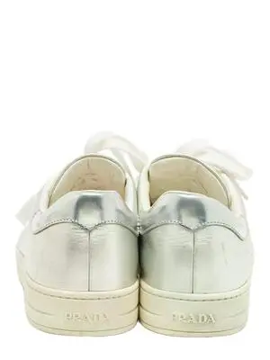 Prada Metallic-effect Leather Lace-up Sneakers - Silver