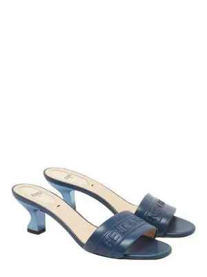 Fendi Roma Logo Embossed Leather Mid Heel Sandals - Blue