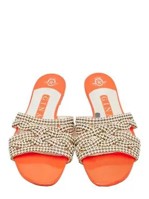 GINA Crystal Embellished Leather Slides - Orange