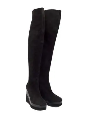 Hermès Suede Platform Wedge Knee-high Boots - Black