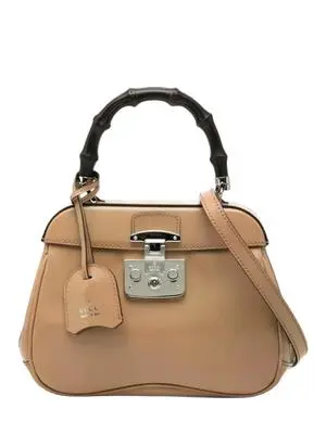 Gucci Polished Leather Bamboo Lady Lock Top Handle Bag Satchel - Brown