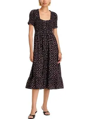 Aqua Ditsy Floral Smocked Short Sleeve Midi Dress Exclusive - Black Multi