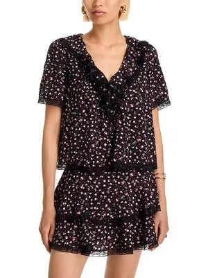 Aqua Ditsy Floral Lace Short Sleeve Top - Black Multi