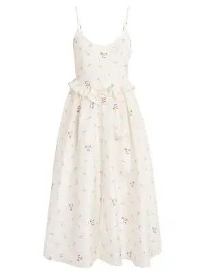 Alessandra Rich Silk Floral Midi Dress - White