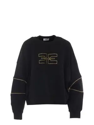 Elisabetta Franchi Oversized Monogram Zip Detail Crewneck Sweatshirt - Black