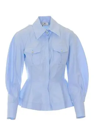 Elisabetta Franchi Puff Sleeve Poplin Shirt With Waist Ruffles - Blue