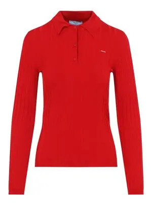 Prada Long-sleeve Ribbed Knit Polo Shirt - Red